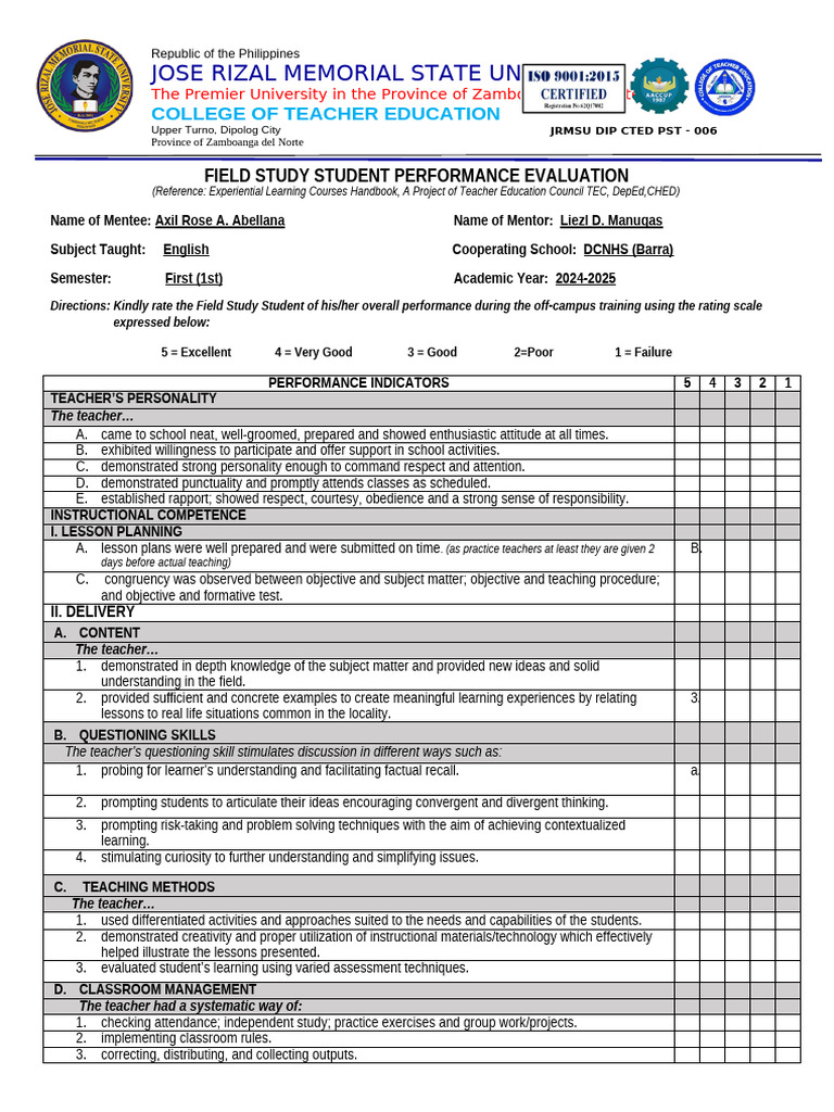 Pre Service Teacher Evaluation Form | PDF | Teachers | Teaching Method