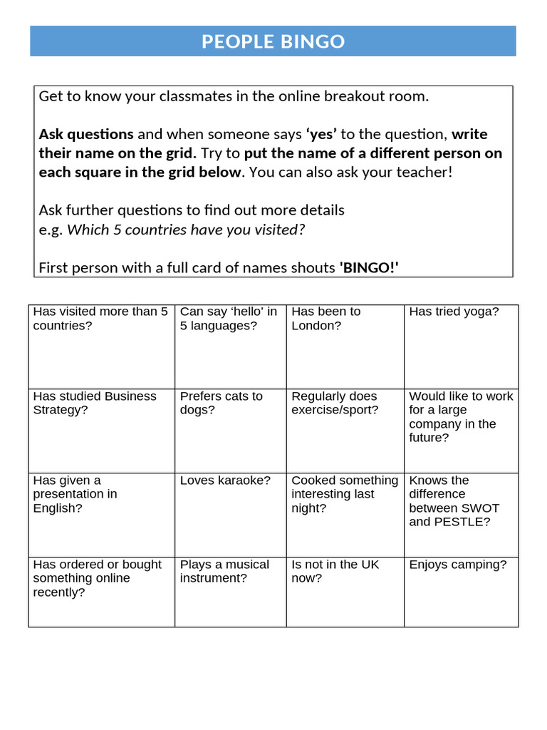 Week 1 People Bingo | PDF