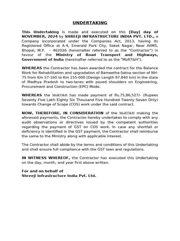 UNDERTAKING | PDF | Business | Finance & Money Management