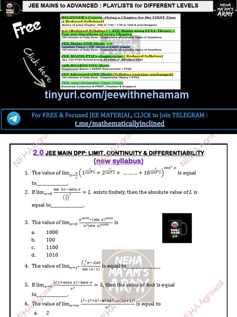 DPP Qs 2.0 Limits Continuity Derivatives (New Syllabus) | PDF | Discrete Mathematics ...