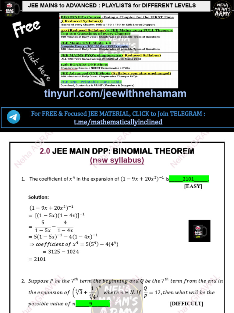 DPP Sols 2.0 Binomial Theorem (New Syllabus) | PDF | Discrete Mathematics | Complex Analysis