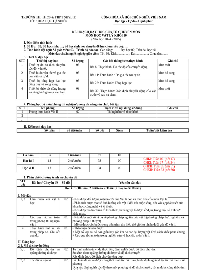 PL1-KHDH TCM - Mon Vat Ly 10 11 | PDF