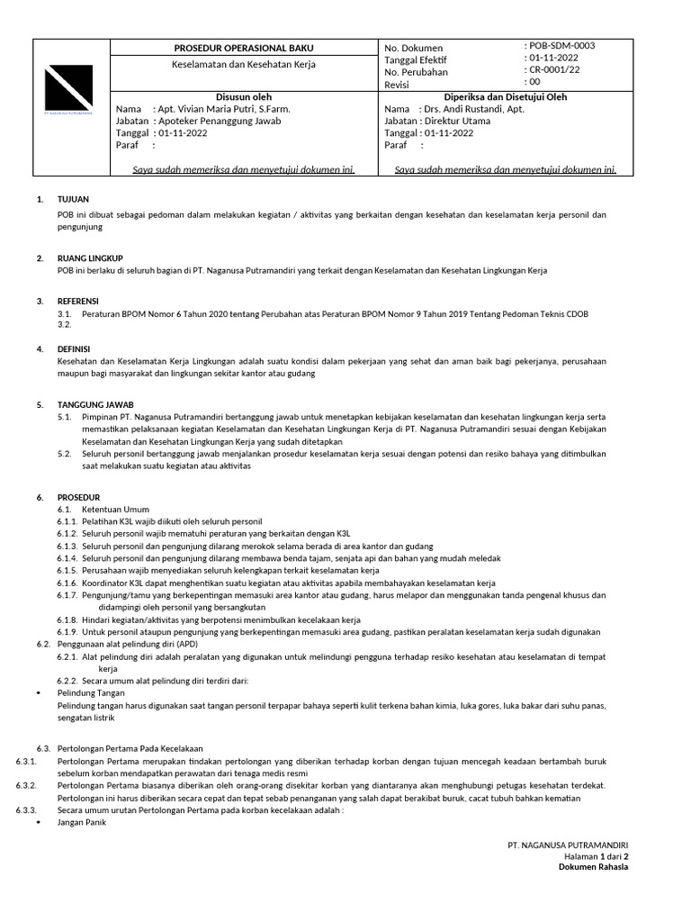 POB-SDM-0003 Keselamatan Dan Kesehatan Kerja - Co IBA | PDF