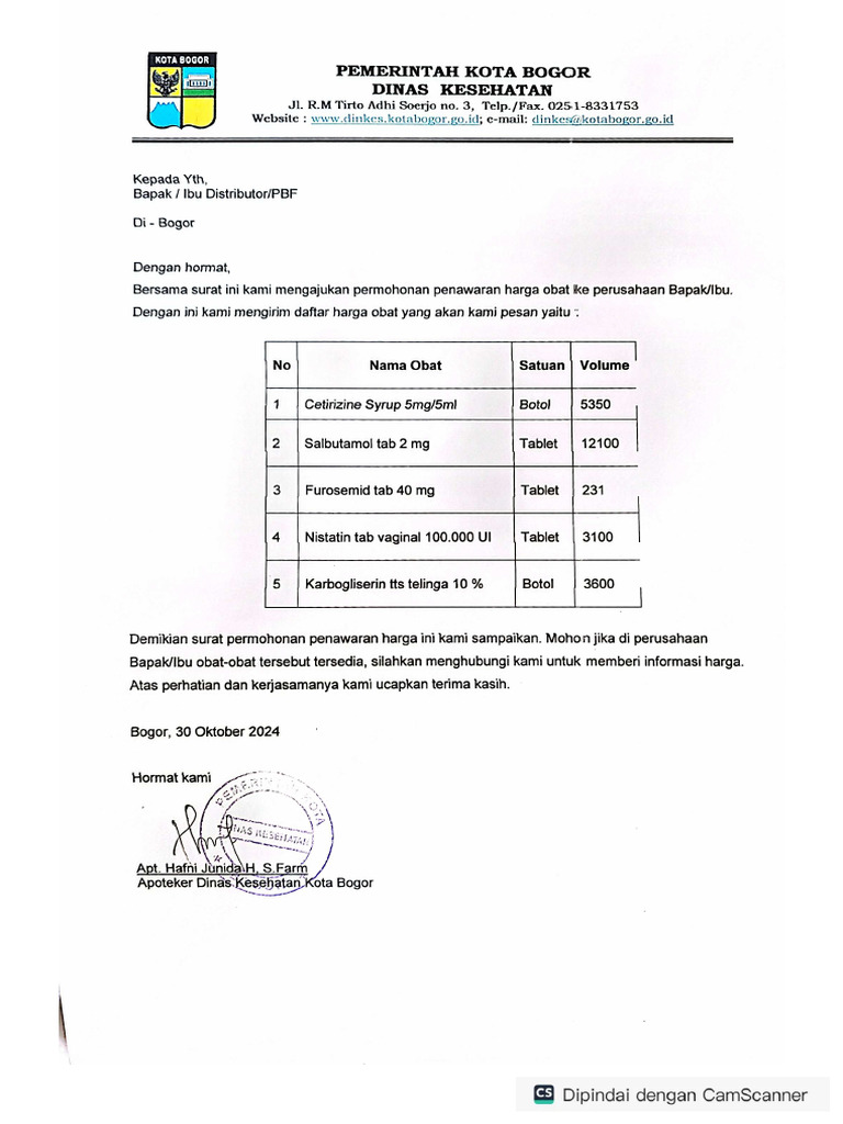 Permohonan Penawaran Harga Obat | PDF