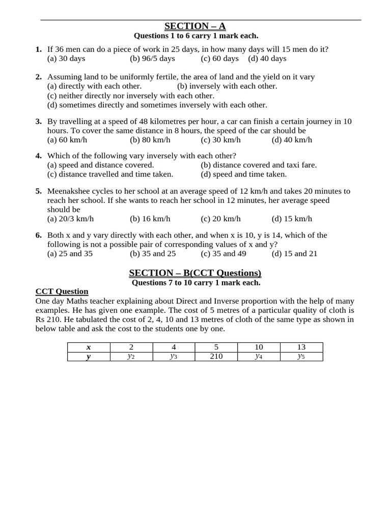Class 8 Maths Direct and Invers Proportion Worksheet | PDF | Speed