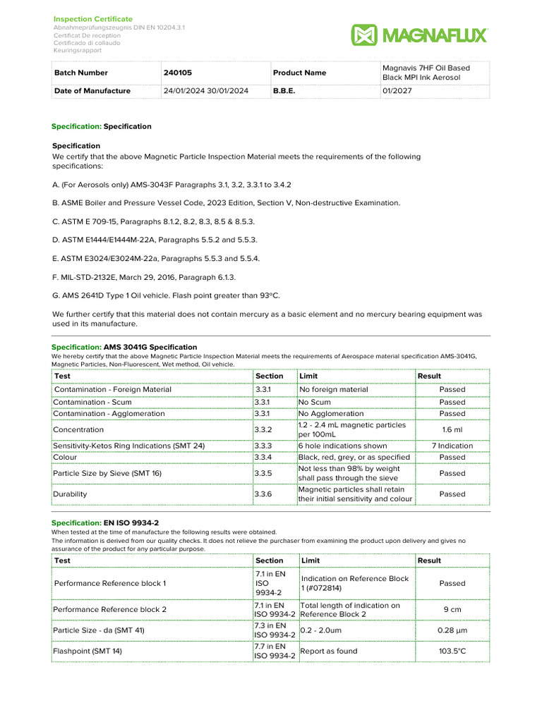 Magnavis 7HF Oil Based Black MPI Ink Aerosol | PDF | Aerosol | Chemistry