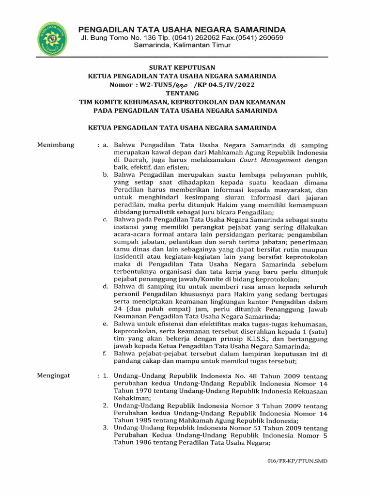 SK Tim Komite Kehumasan, Keprotokolan Dan Keamanan | PDF