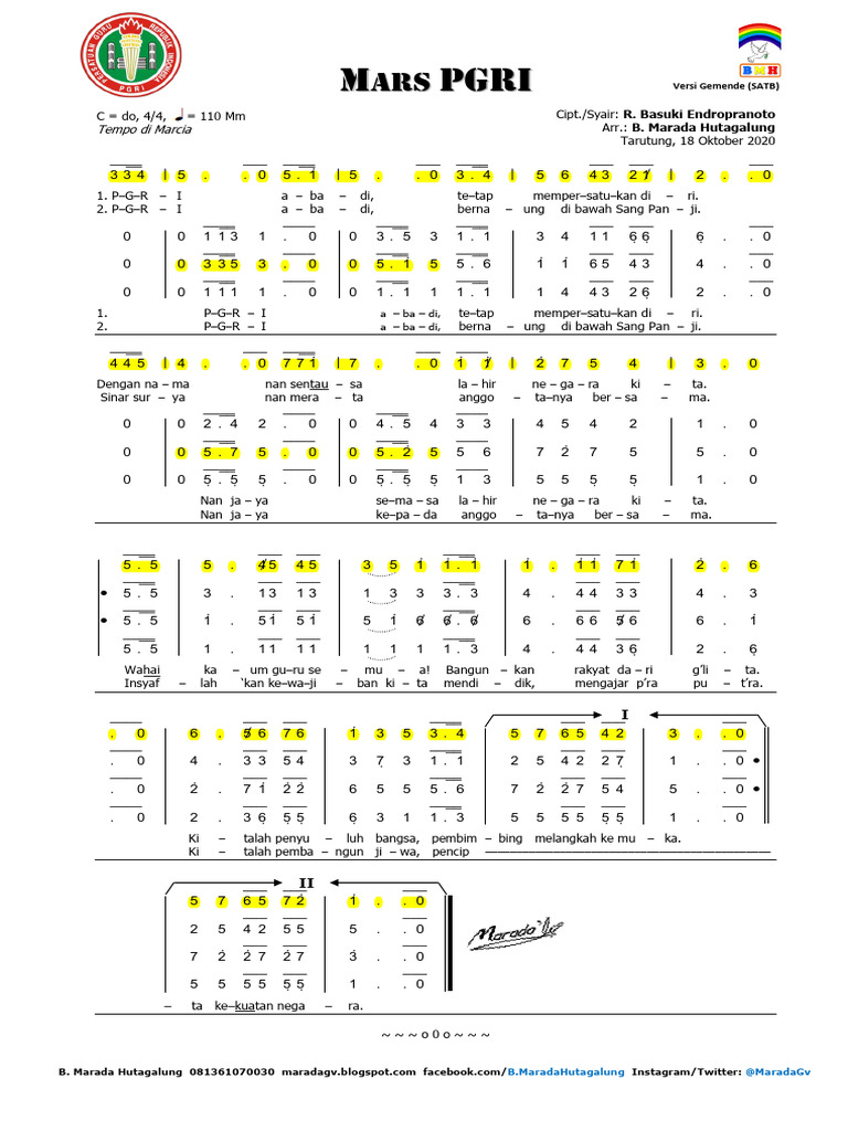 Lagu Koor Mars PGRI (Versi SATB) Edit | PDF