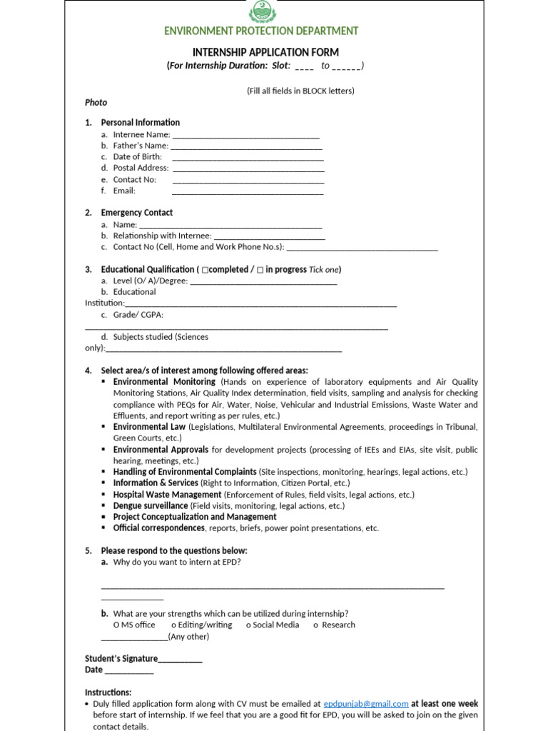 Application Form For 15 Days Internship | PDF