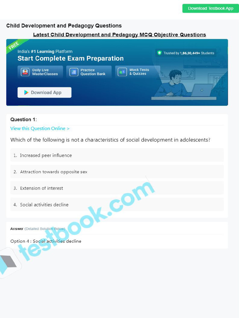 MCQ On Child Development and Pedagogy 5eea6a1539140f30f369f4c4 | PDF