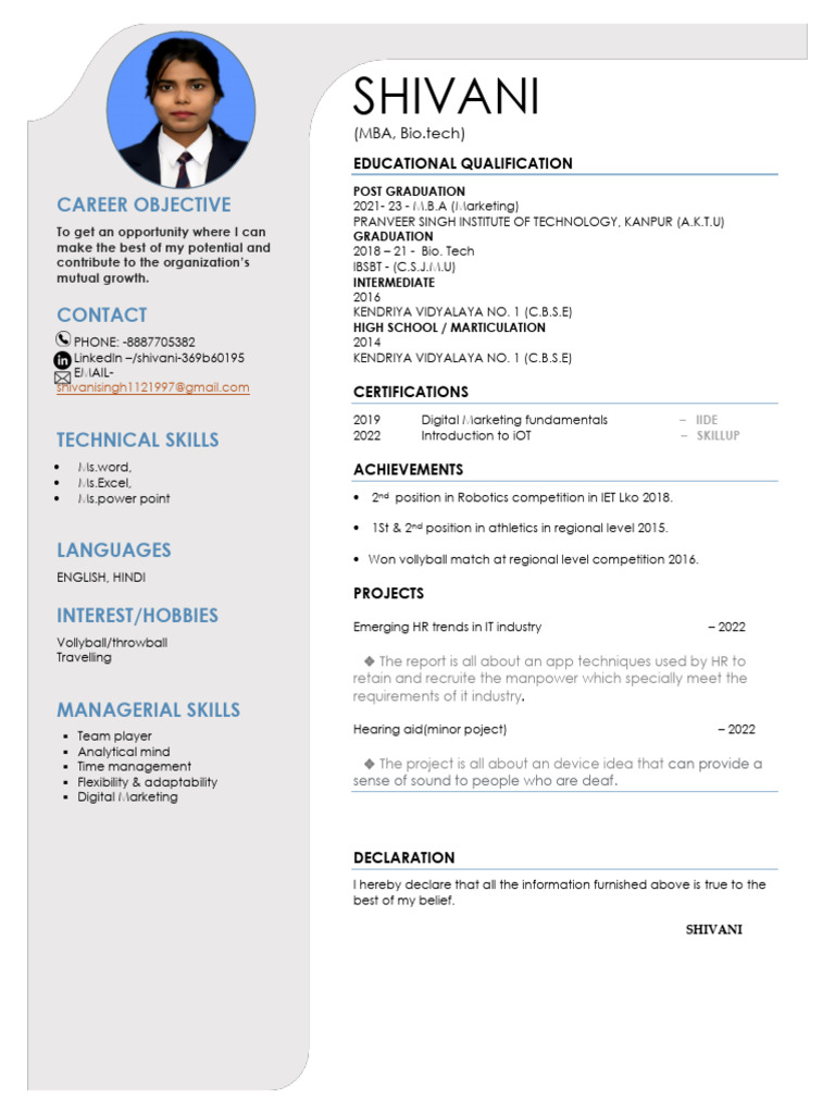 Shivani Singh's Resume: MBA Marketing & Bio.Tech Skills | PDF