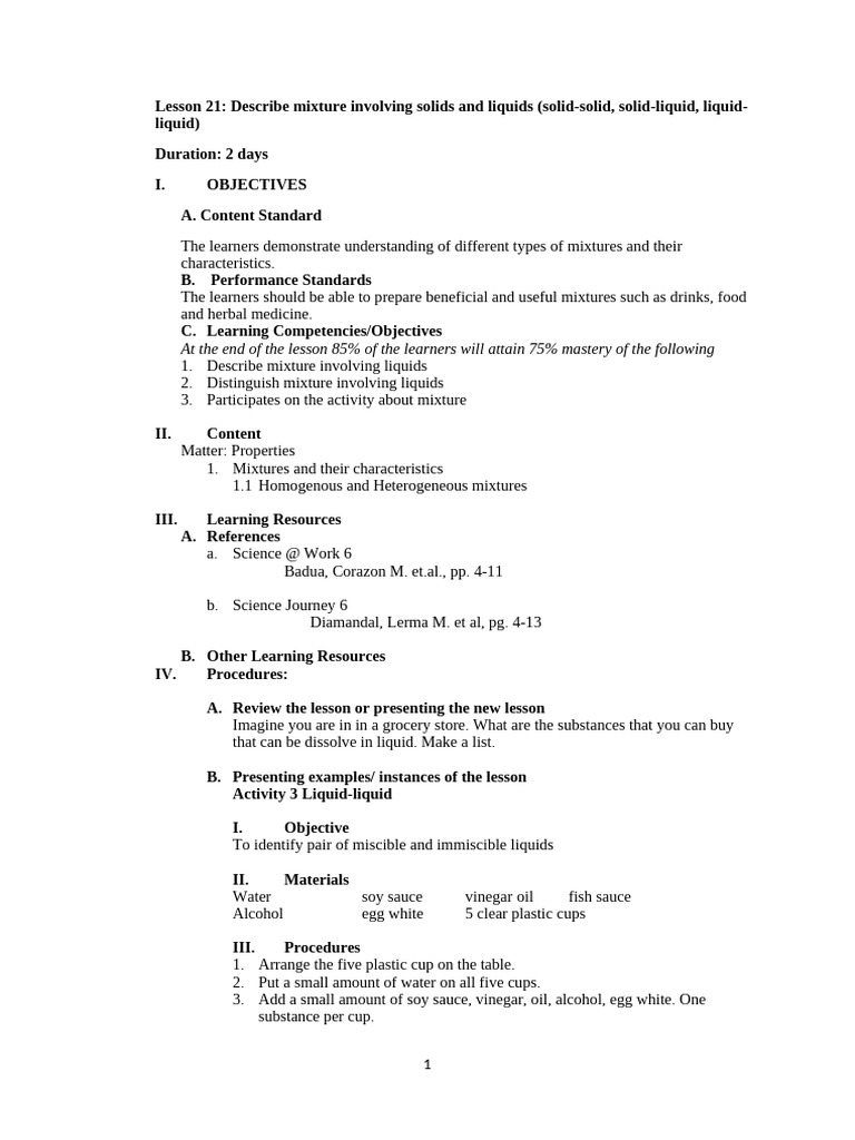 1st Quarter Lesson 21 Describe Mixtures Invovilng Liquid-Liquid ...