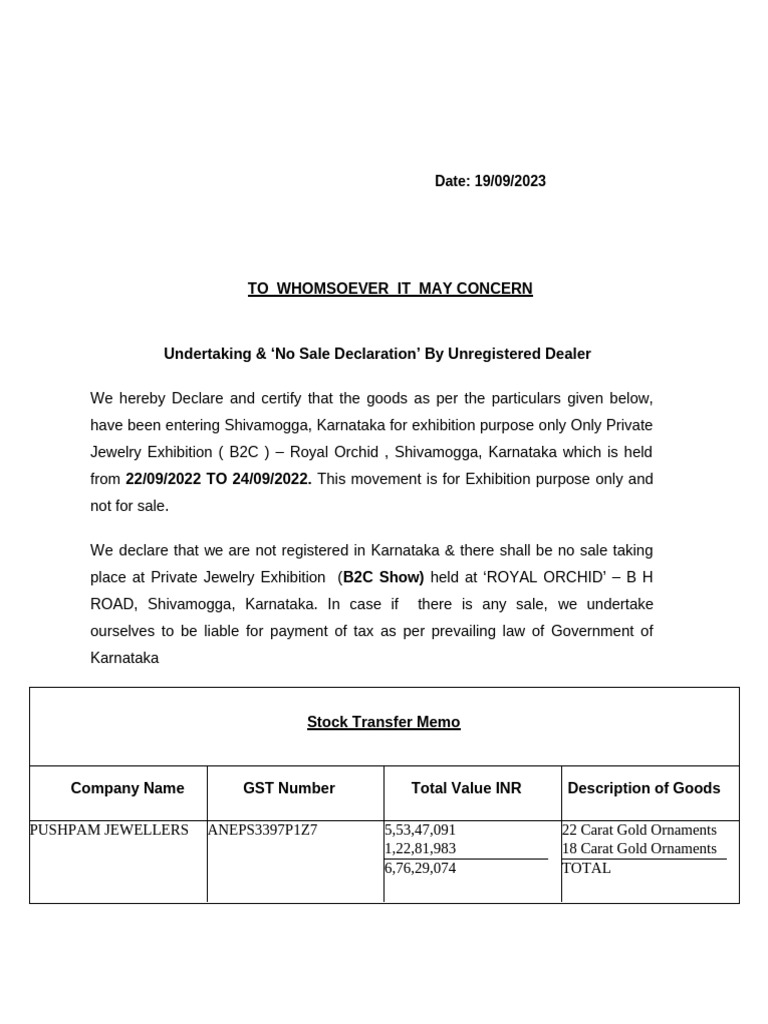No Sale Declaration for Jewelry Exhibition | PDF