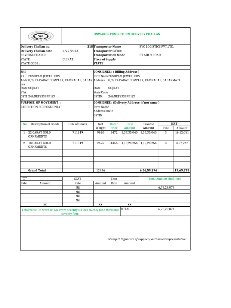 Delivery Challan - Format | PDF | Government Of India | Trade