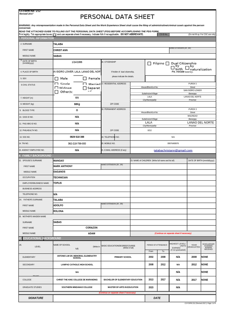 CS Form No. 212 Personal Data Sheet Revised GANG2X | PDF | Government ...