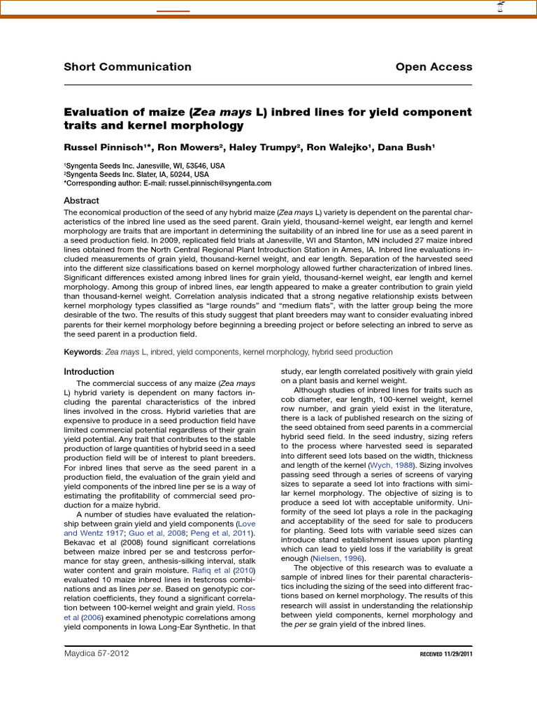 Evaluation of Maize (Zea Mays L) Inbred Lines For Yield Component ...