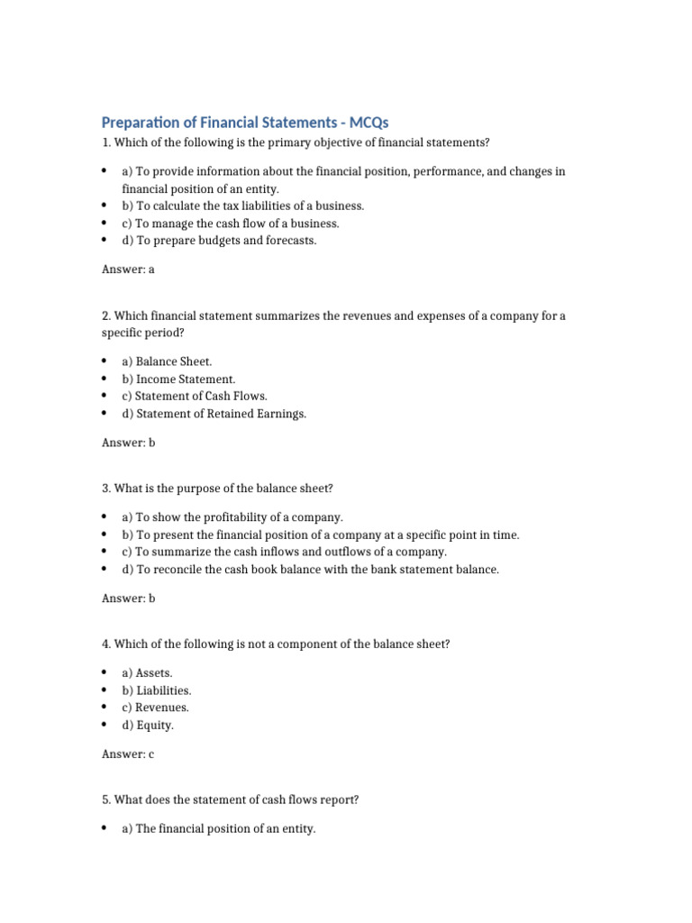 Preparation of Financial Statements MCQs | PDF | Equity (Finance) | Revenue