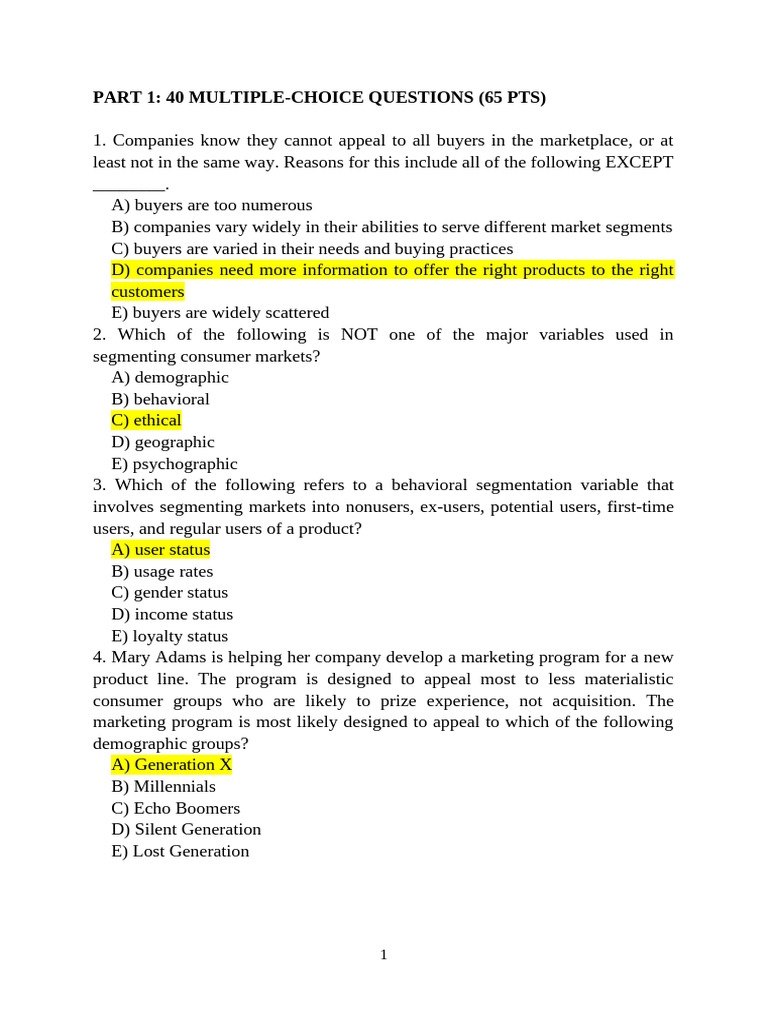 Midterm Exam With Answers | PDF | Marketing | Market Segmentation