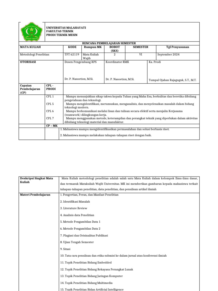 RPS - Metodologi Penelitian... | PDF