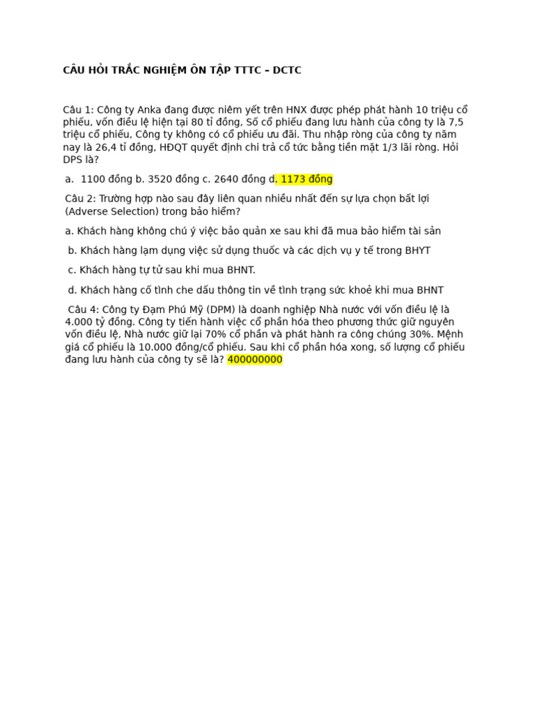 CÂU HỎI TRẮC NGHIỆM ÔN TẬP TTTC | PDF