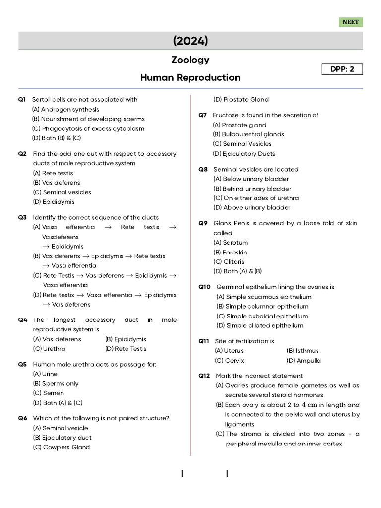Human Reproduction - DPP 02 | PDF | Male Mammals | Genitourinary System