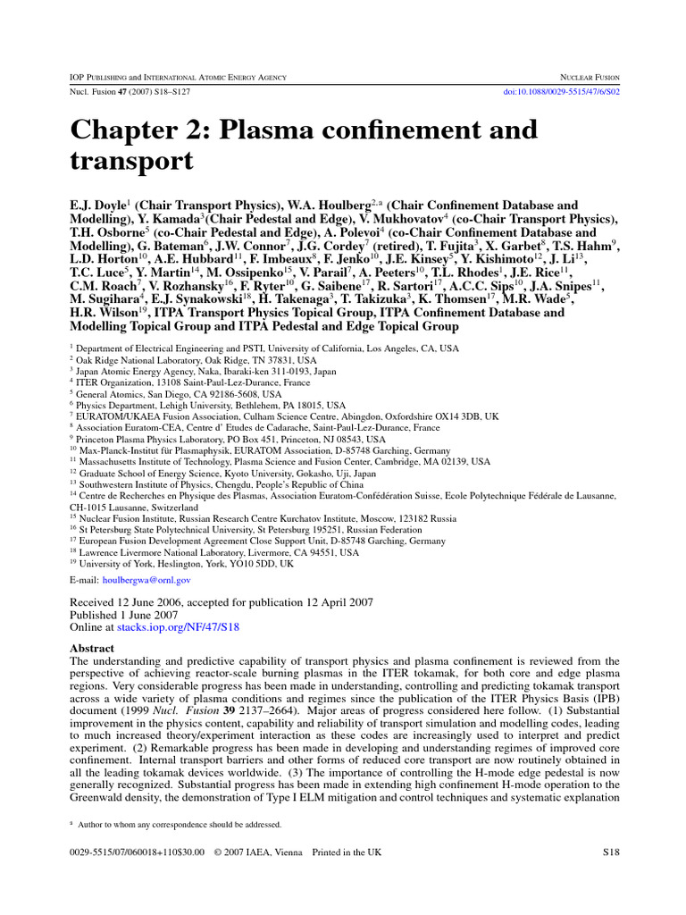 Progress ITER Physics Basis Chapter 2 2007 | PDF | Turbulence | Diffusion