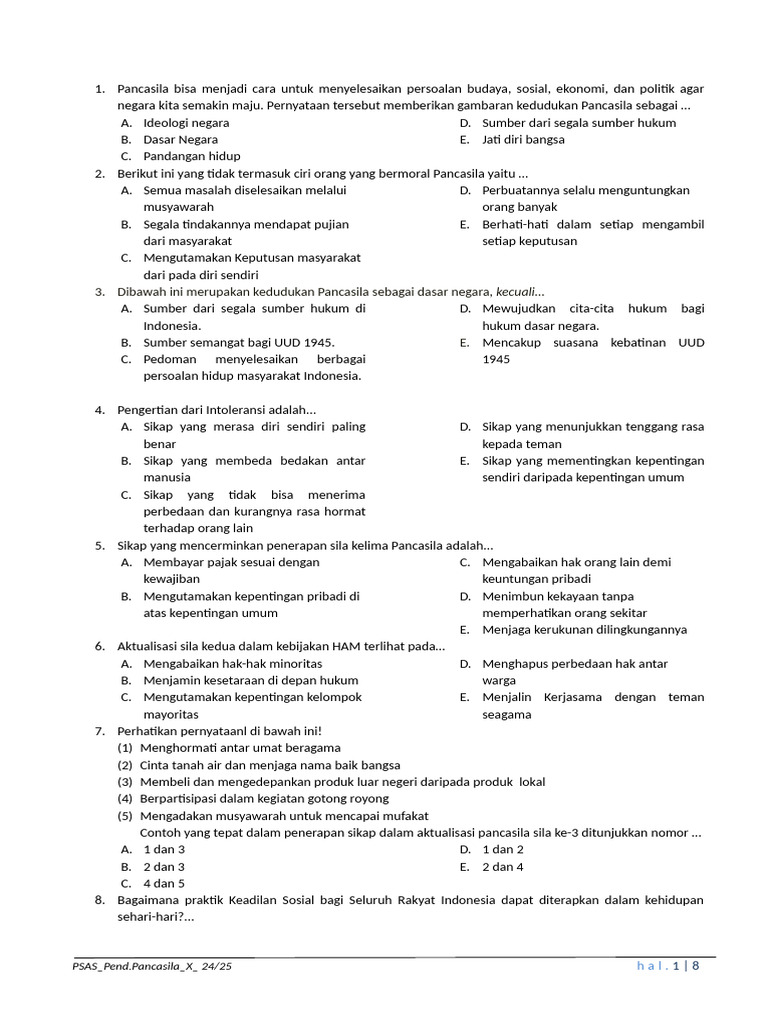 SOAL Latihan SMT 1 Pend. Pancasila 24.25 KL X | PDF