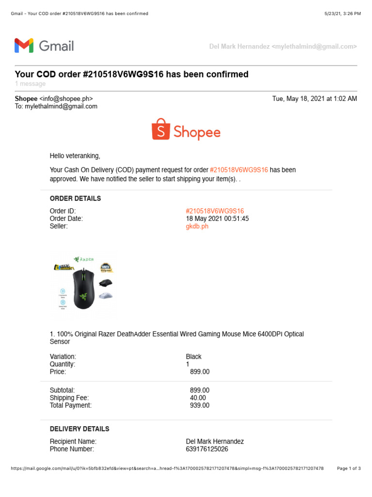 COD Order Confirmation: Razer Mouse | PDF | Gmail