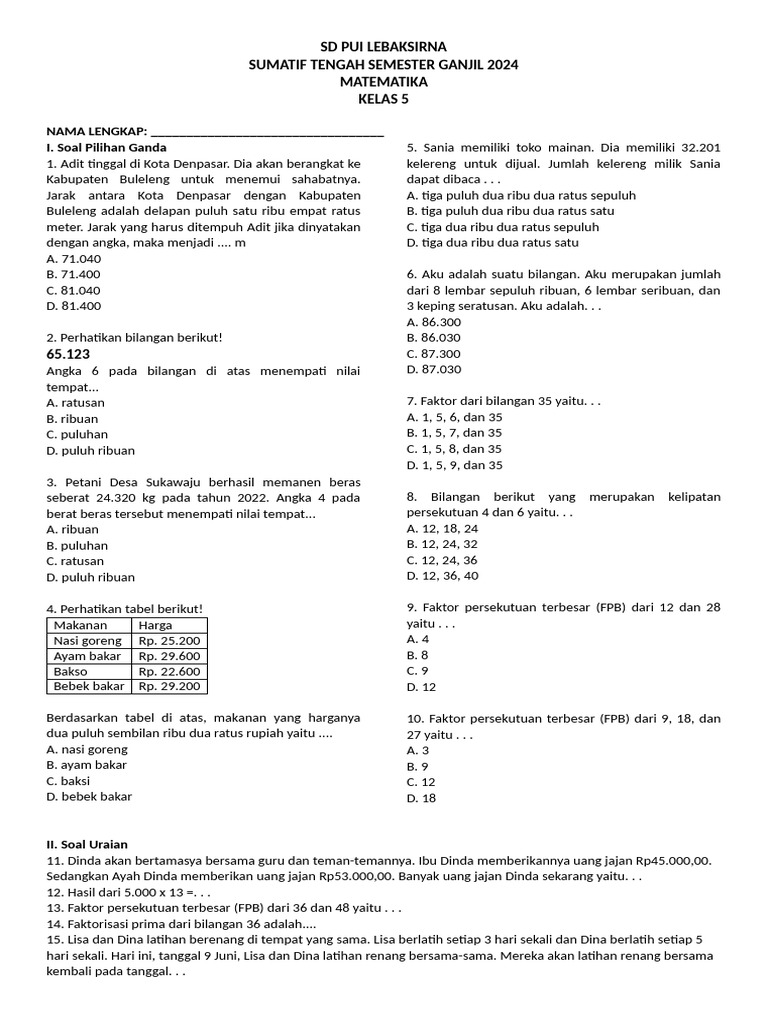 STS Matematika Kelas 5 SMT Ganjil 2024 | PDF
