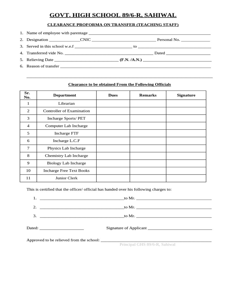 Clearance Proforma On Transfer | PDF