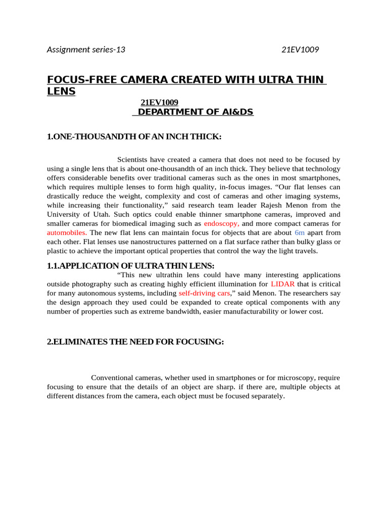 Focus Free Camera Created With Ultra Thin Lens | PDF | Camera | Optics