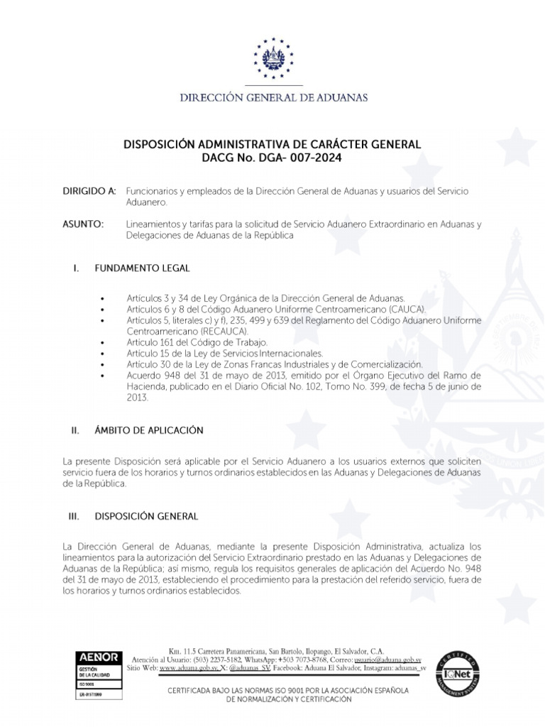 DISPOSICIÓN ADMINISTRATIVA DE CARÁCTER GENERAL DACG No. DGA 007 2024 | PDF