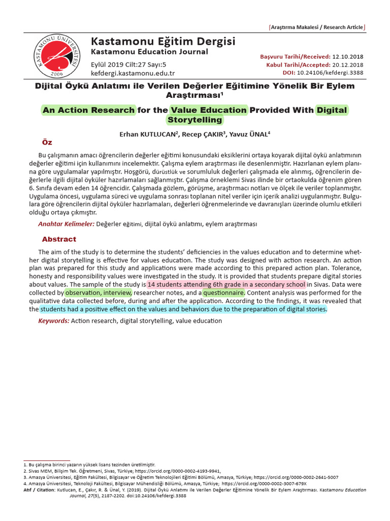 Kutlucan 2019 - An Action Research For The Value Education Provided ... Kutlucan 2019 - An Action Research For The Value Education Provided ...