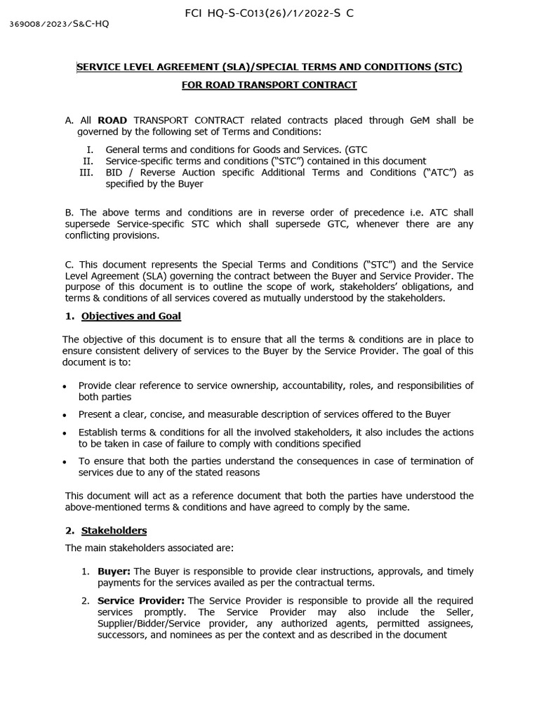 Service Level Agreement (Sla) /special Terms and Conditions (STC) For ...