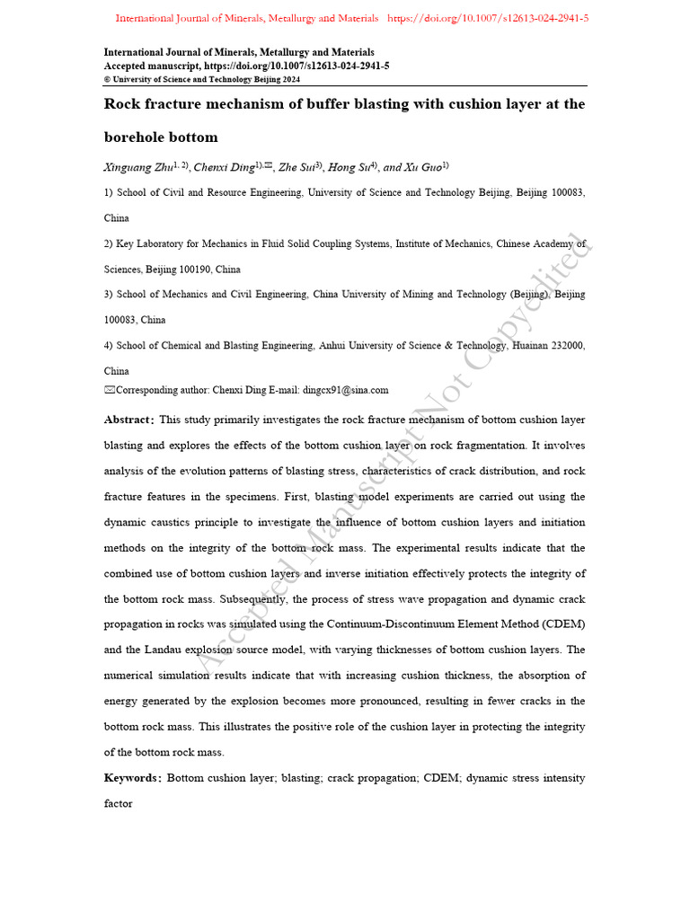 Rock Fracture Mechanism of Buffer Blasting With Cushion Layer at The ...