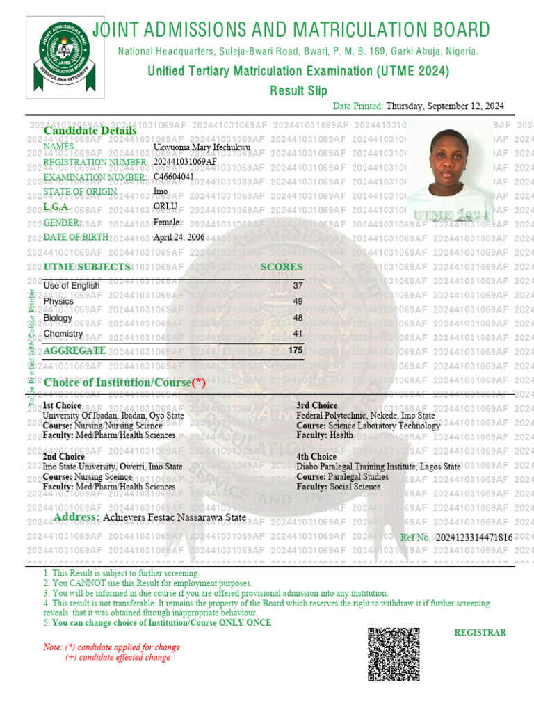 UTME 2024 Result Slip for Nursing | PDF | Qualifications