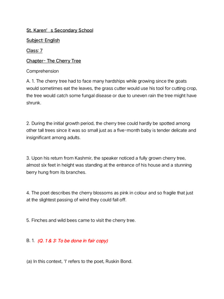 The Cherry Tree: Class 7 English Comprehension | PDF | Trees | Cherry