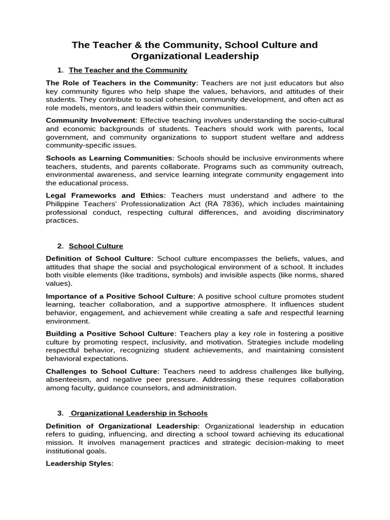 Notes 2. The Teacher The Community School Culture and Organizational ...
