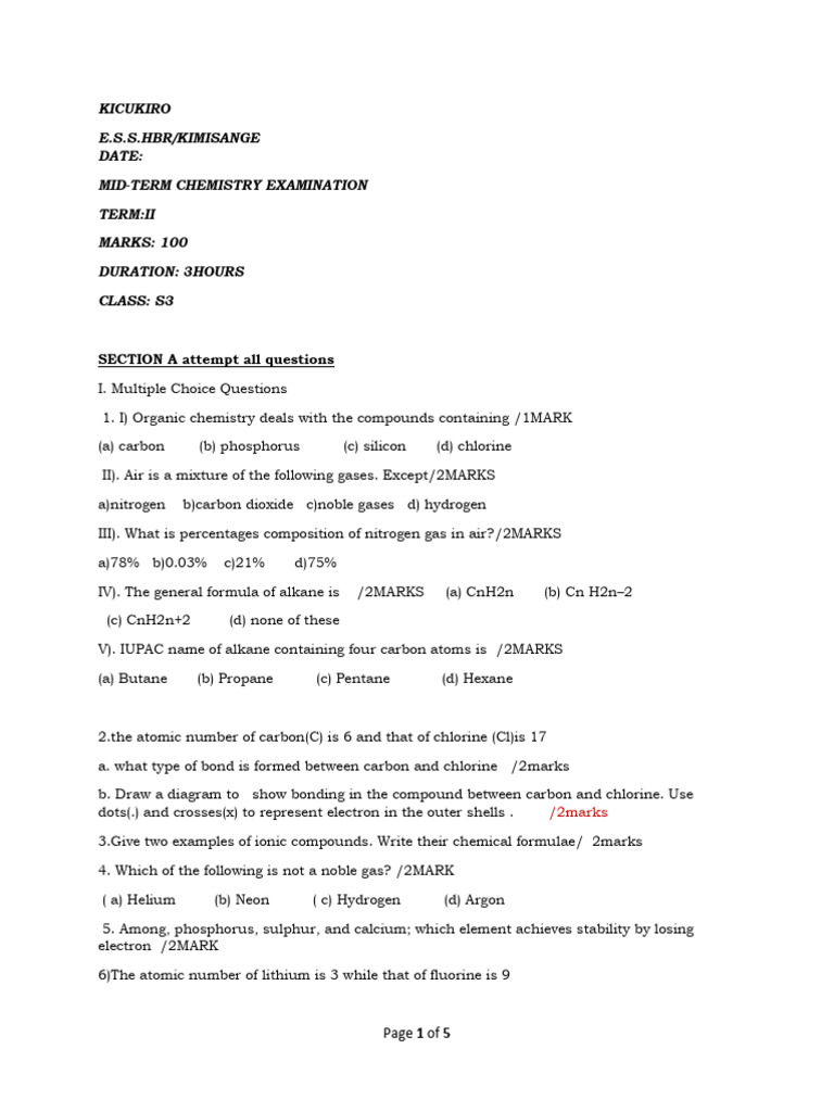 S3 Mid-Term Chemistry Exam | PDF | Water | Chemical Reactions