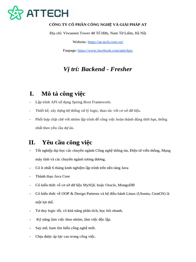 JD Fresher - Backend | PDF