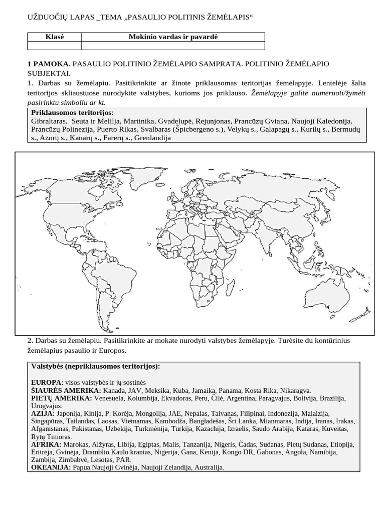 1 PAMOKA - Pasaulio Politinis Žemėlapis - Užduotis - 9 Klasė | PDF