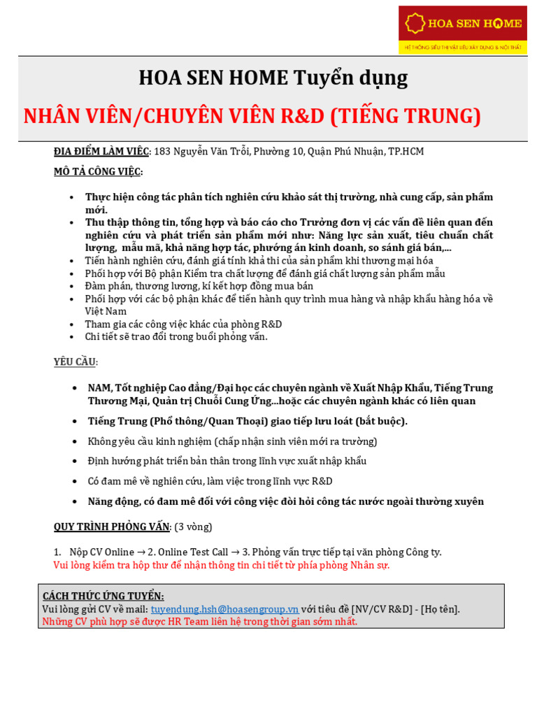 CV R&D Tieng Trung - HSH | PDF