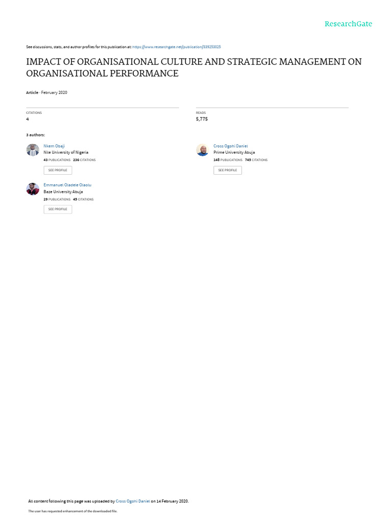 Impact of Organisational Culture and Strategic Management On Organisational Performance | PDF ...