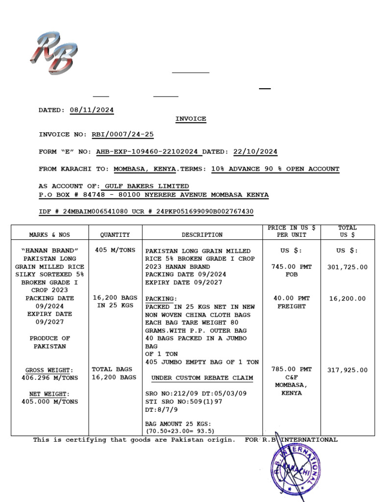 Local Invoice Gulf Bakers PK-386 Rice 5% 0007 | PDF | Agriculture