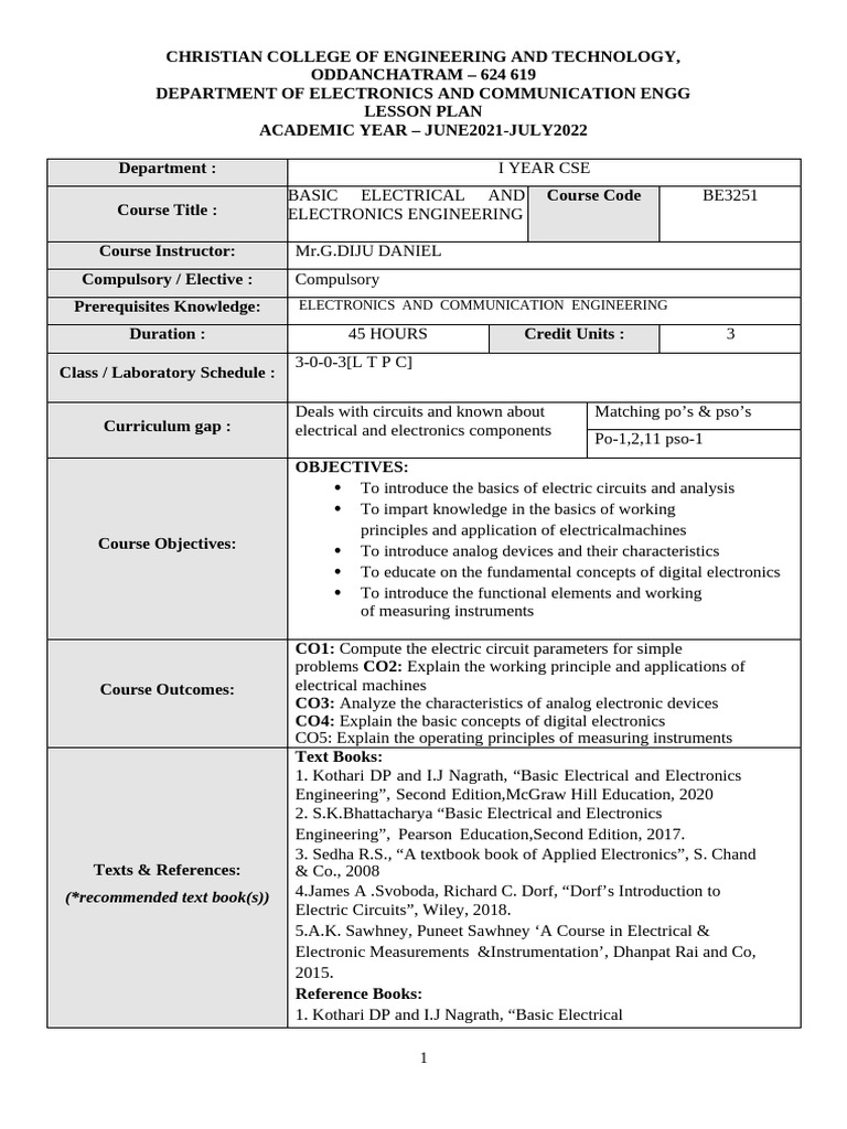I - Beee Cse Lesson Plan | PDF | Ac Power | Electrical Engineering