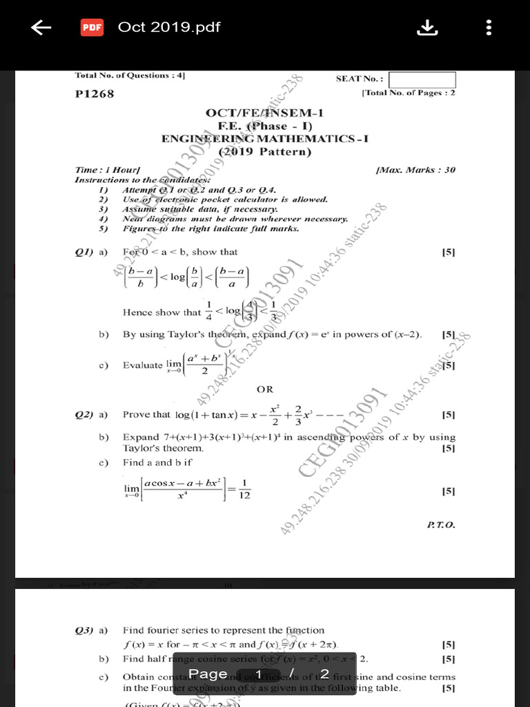 Engineering Mathematics I Question Paper | PDF