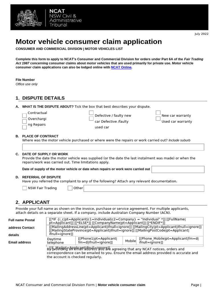 NCAT Motor Vehicle Claim Application | PDF | Payments | Receipt