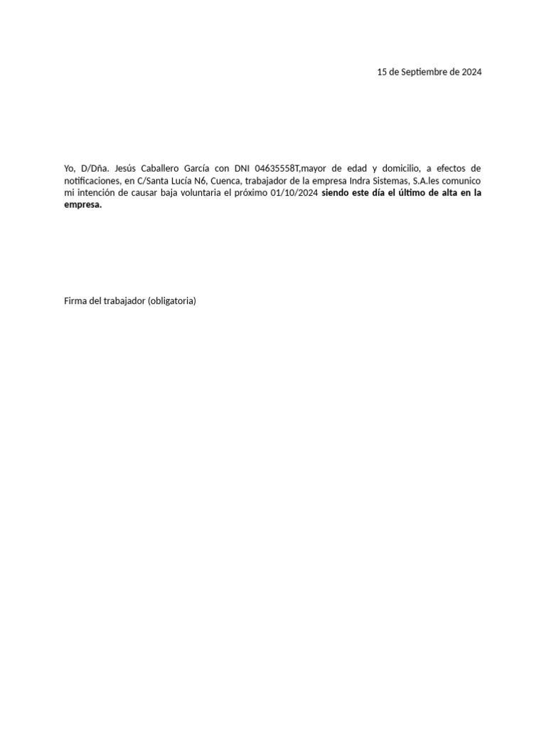 Modelo Carta Baja Voluntaria | PDF