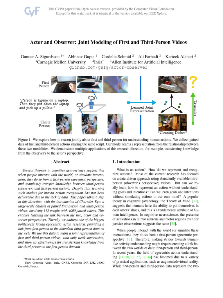 Sigurdsson Actor and Observer CVPR 2018 Paper | PDF | Video | Sampling ...