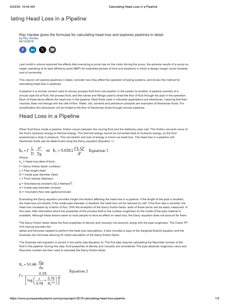 Calculating Head Loss in A Pipeline | PDF | Pump | Fluid Dynamics